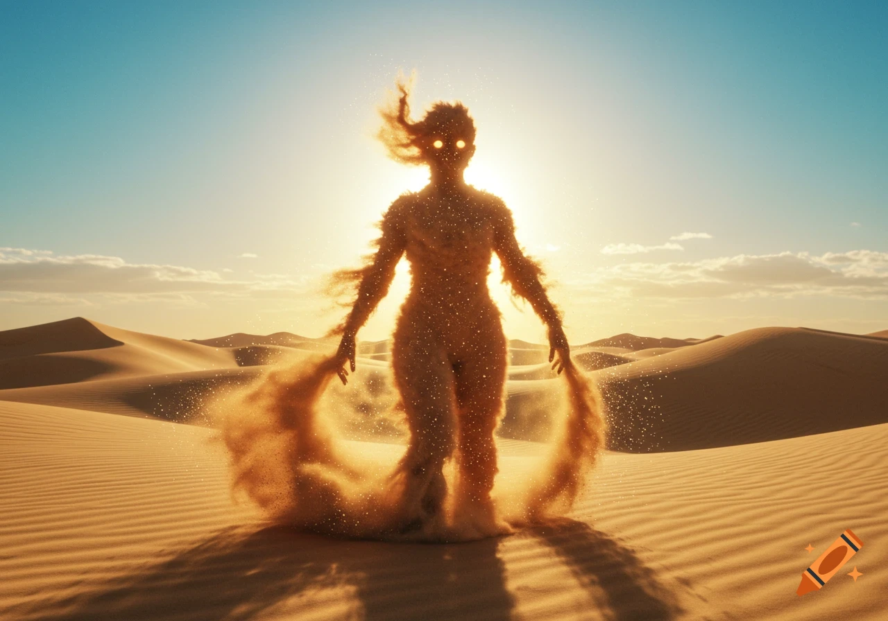A shimmering, glowing figure made of sand stands in a vast desert under ...
