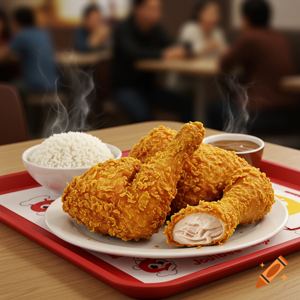 Photorealistic image of Jollibee fried chicken meal with rice and gravy ...