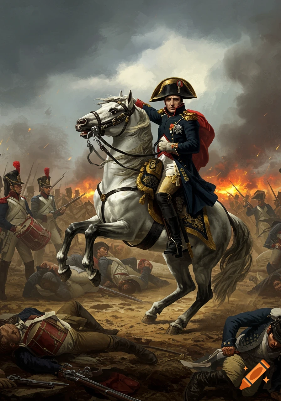 Napoleon on a white horse leads soldiers through a chaotic battlefield ...