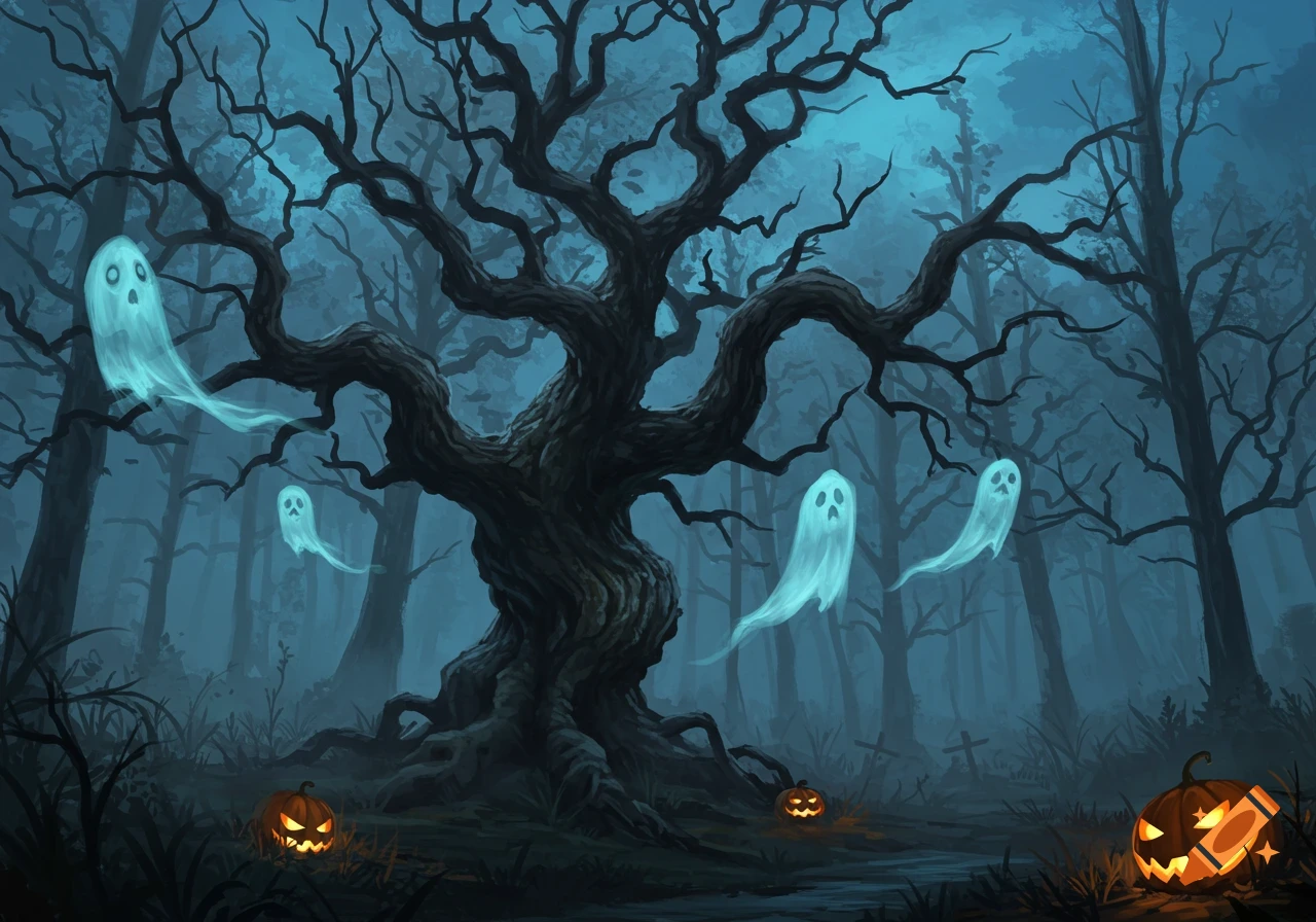 Digital painting of a spooky forest path illuminated by glowing Jack-o'-lanterns under a dark ...