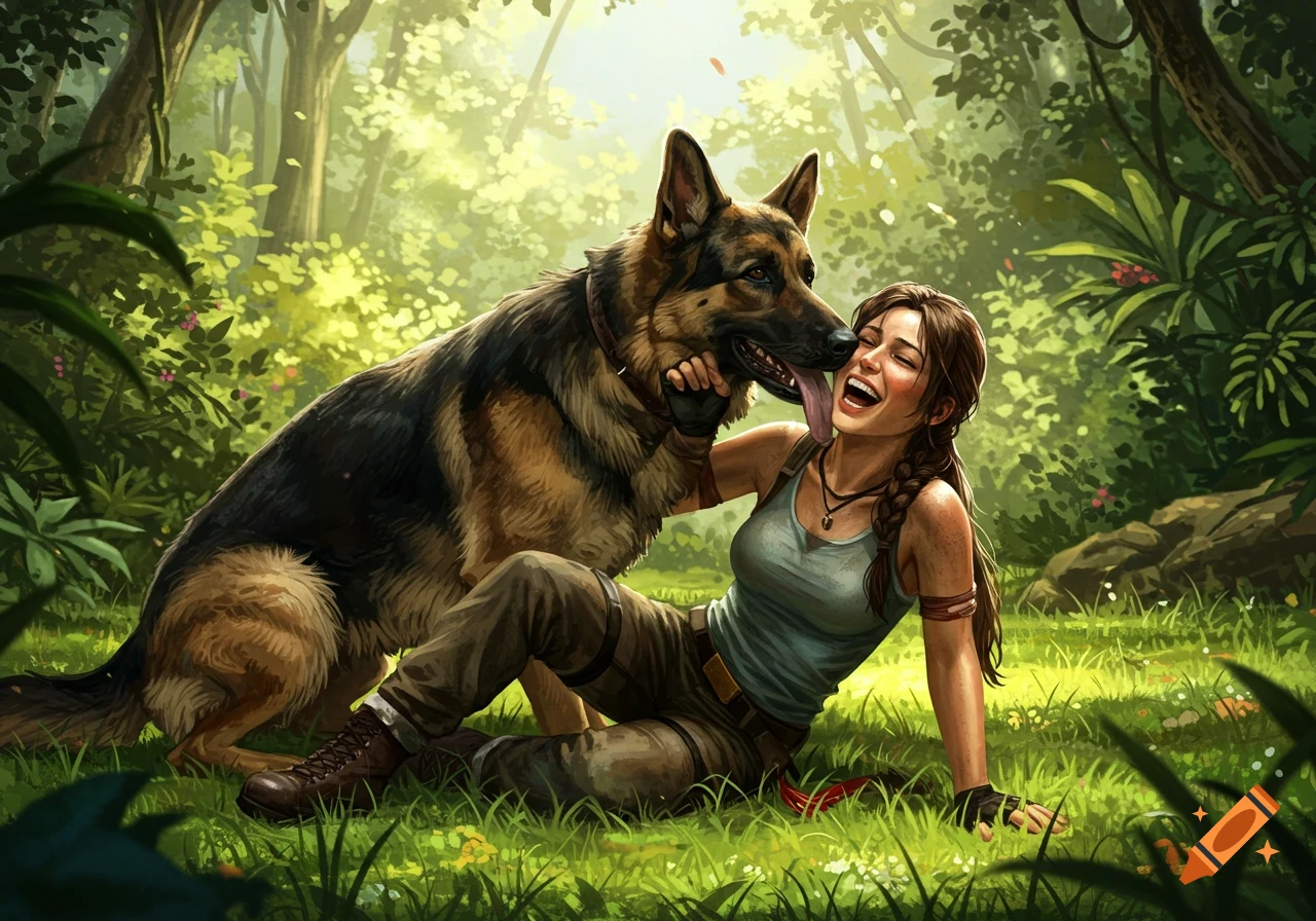 Lara Croft laughs as a German Shepherd dog licks her face in a lush ...