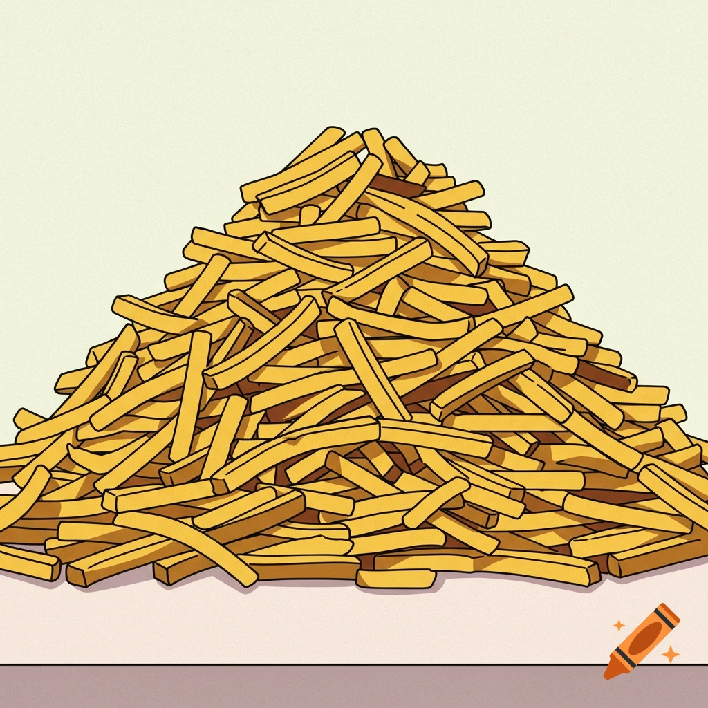 A large pile of golden french fries on a table, drawn in a simple anime ...
