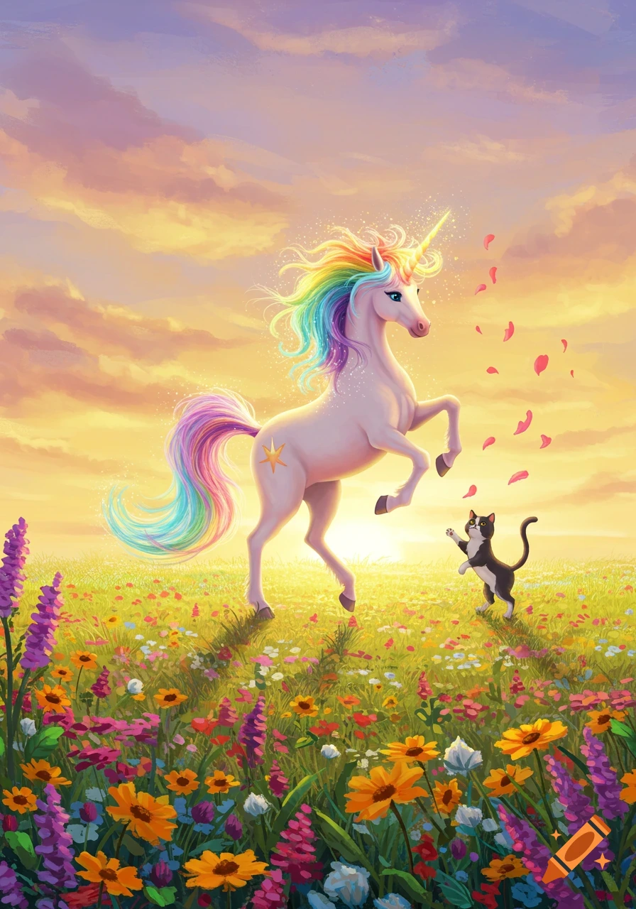 A rainbow unicorn dancing with a cat in a colorful flower field at sunset. on Craiyon