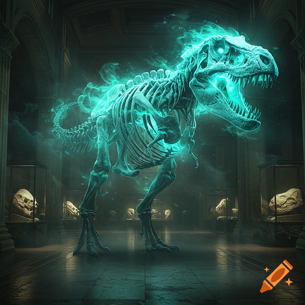 A glowing, ethereal Tyrannosaurus Rex skeleton possessed by a green ...