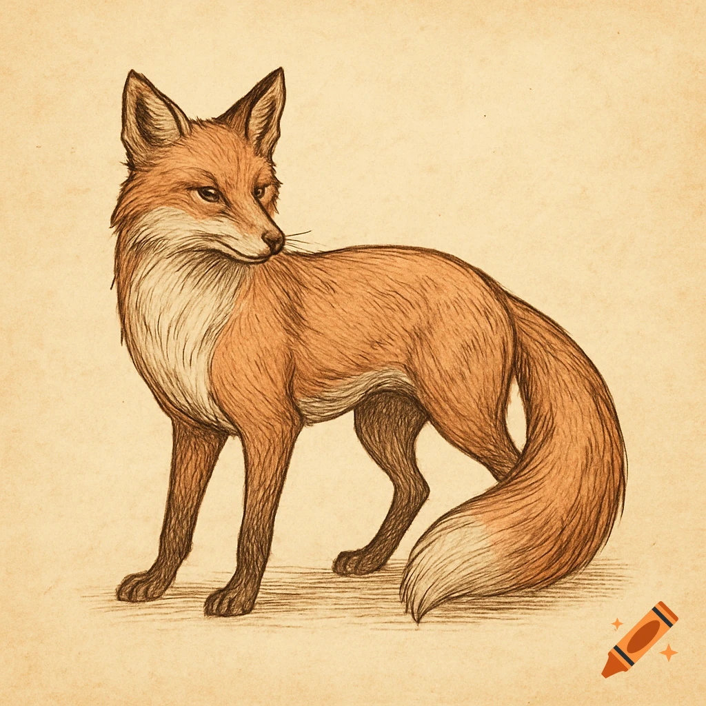 A vintage-inspired sketch of a red fox standing and looking to the side ...