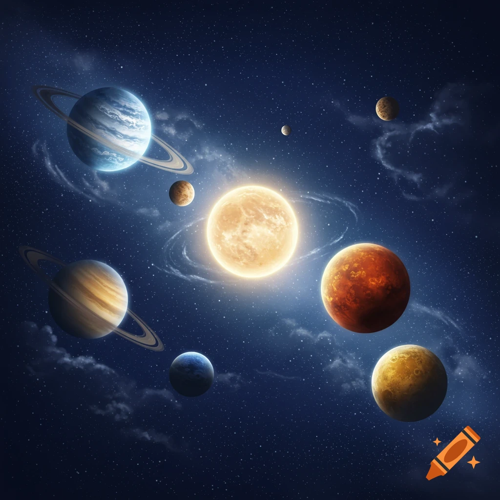 A vibrant digital illustration of planets, some with rings, and a glowing sun-like star in a ...