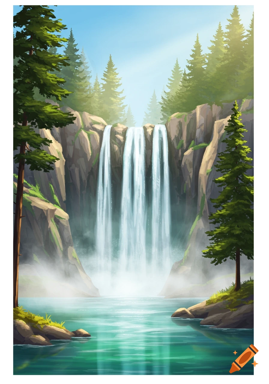 Digital illustration of a large waterfall flowing over cliffs into a ...