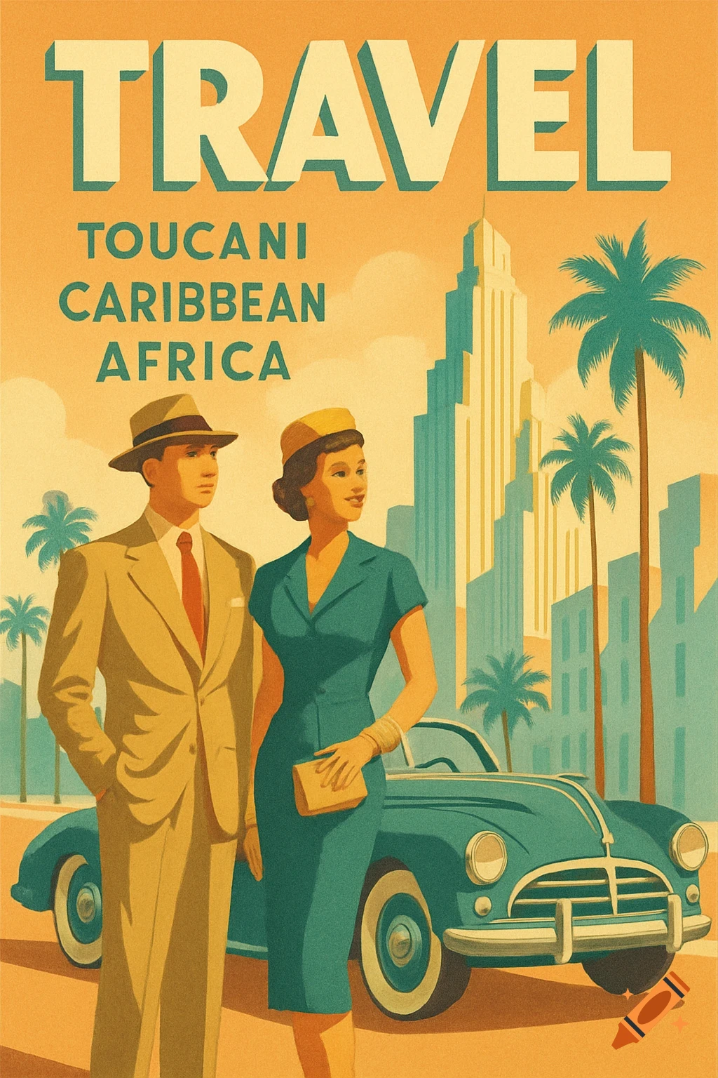 Vintage travel poster with a man, woman, classic car, city buildings ...