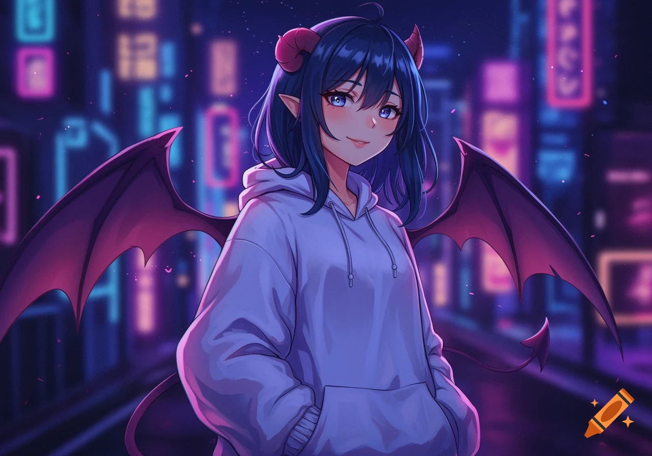 Anime-style demon girl in a white hoodie with horns, bat wings, and a ...