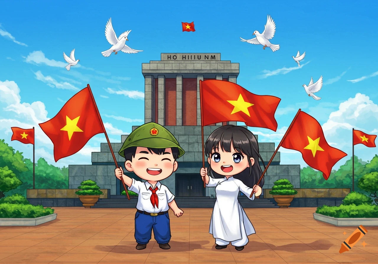 Chibi Vietnamese boy and girl in traditional attire hold flags in front ...