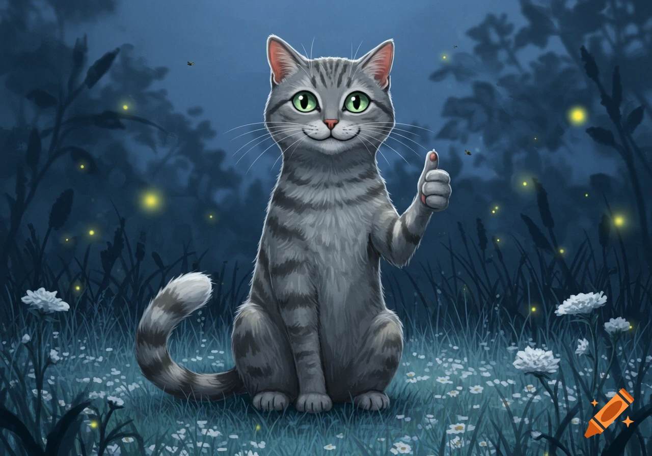 An anime illustration of a black and white cat-like creature with green ...