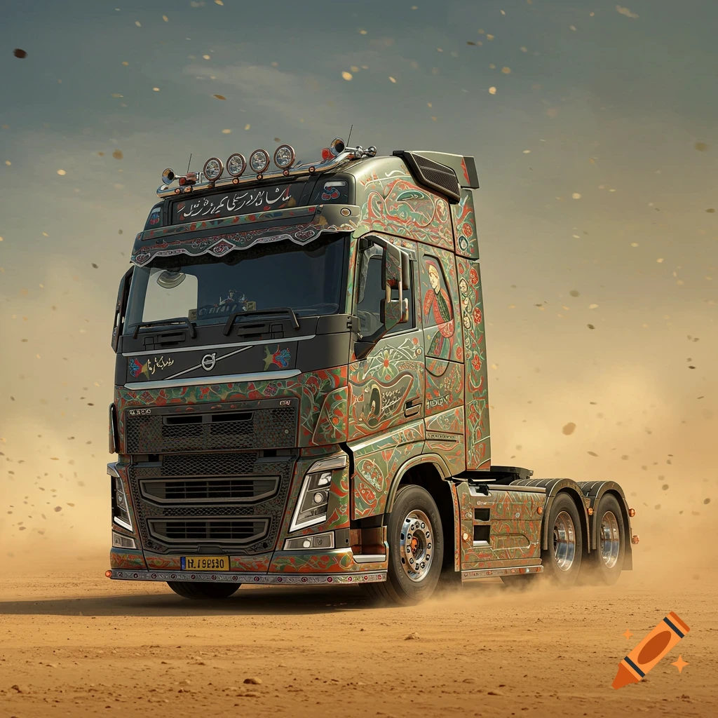 A custom-painted Volvo semi-truck adorned with intricate Pakistani art ...