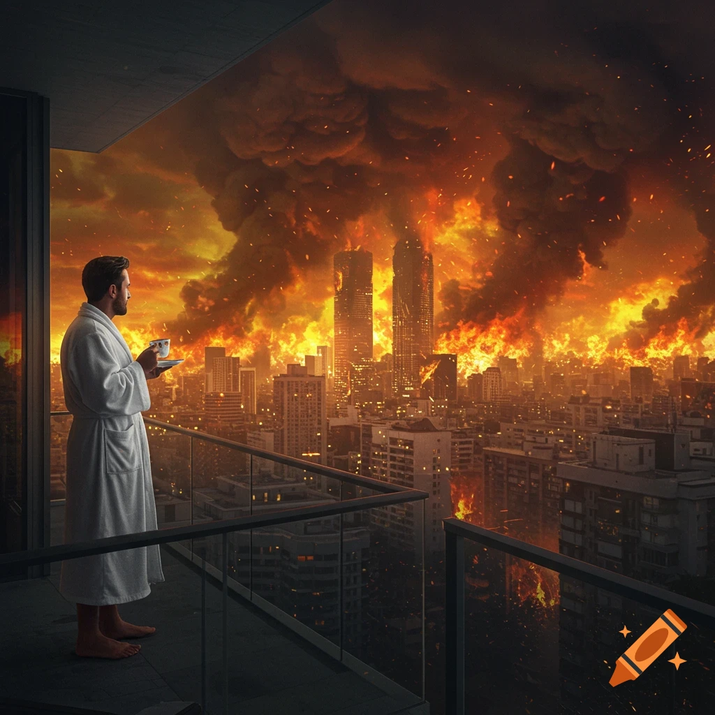 A man in a white bathrobe calmly sips tea on a high-rise balcony ...