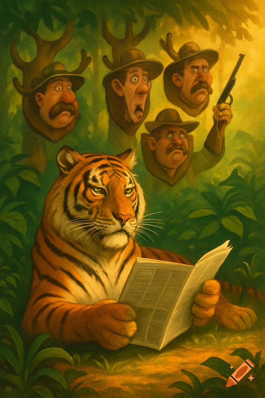 A stylized painting depicts a tiger calmly reading a newspaper in a ...