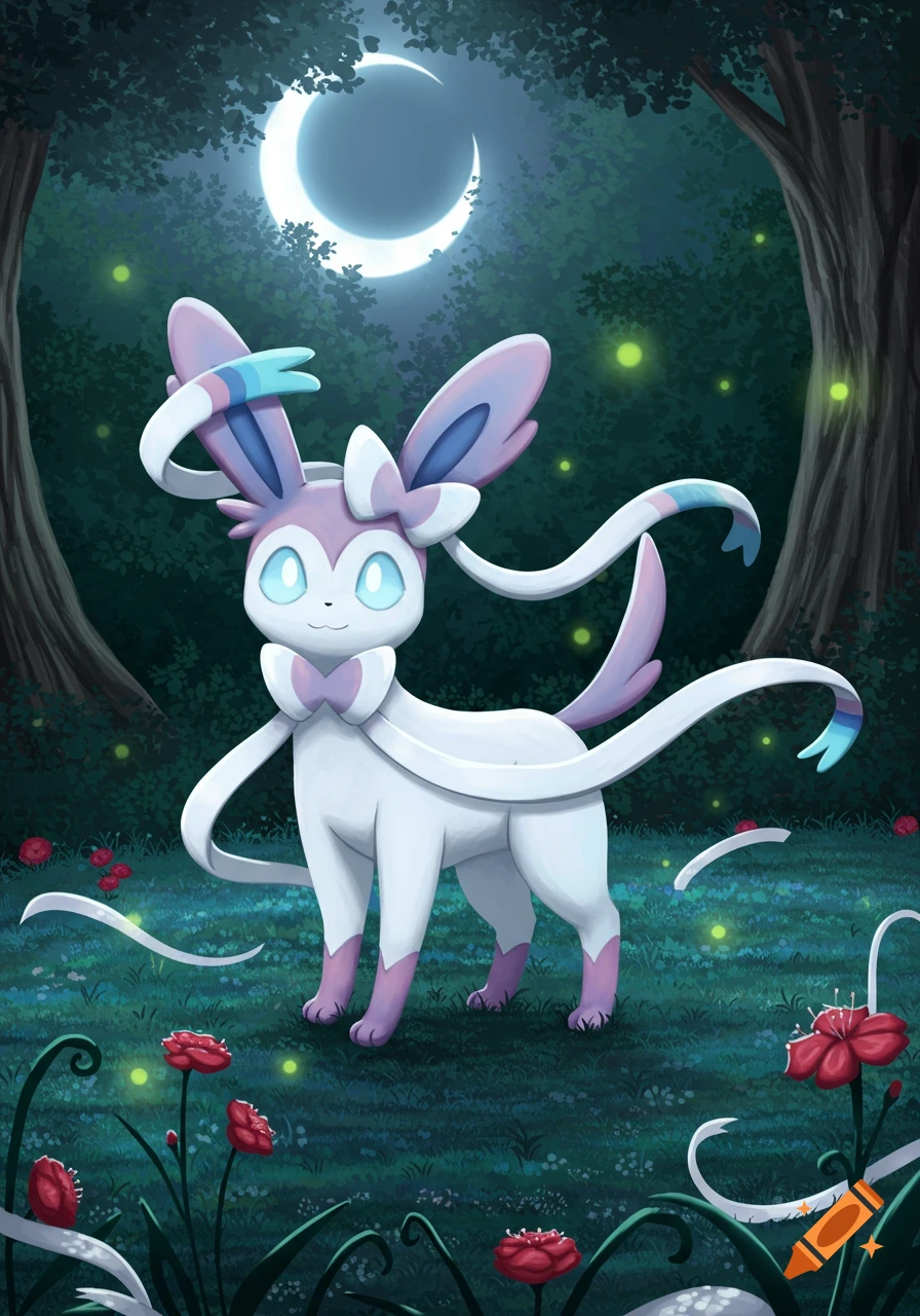 Leafeon and Umbreon, two Pokemon, hug affectionately in a moonlit ...