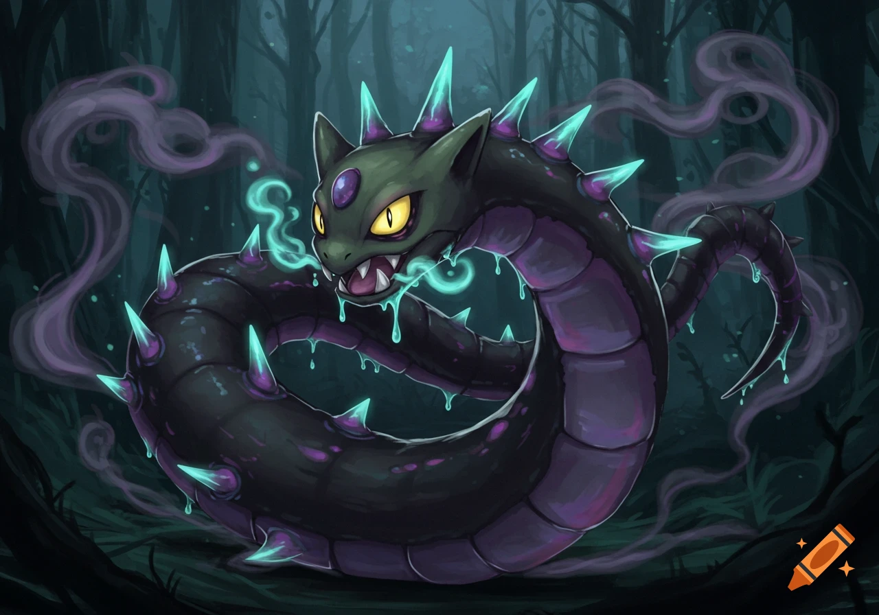 A ghostly, grey and purple Mimikyu-inspired creature with glowing green ...