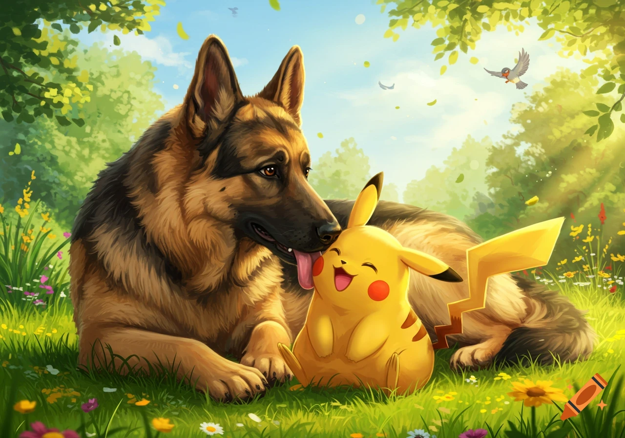 A German Shepherd dog licks the face of a smiling Pikachu in a sunlit ...