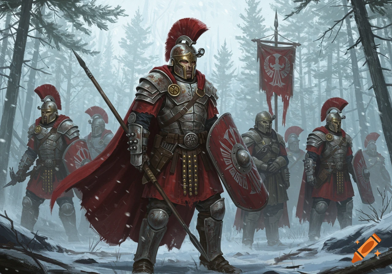 Roman soldiers in red cloaks stand in the bustling marketplace of an ...