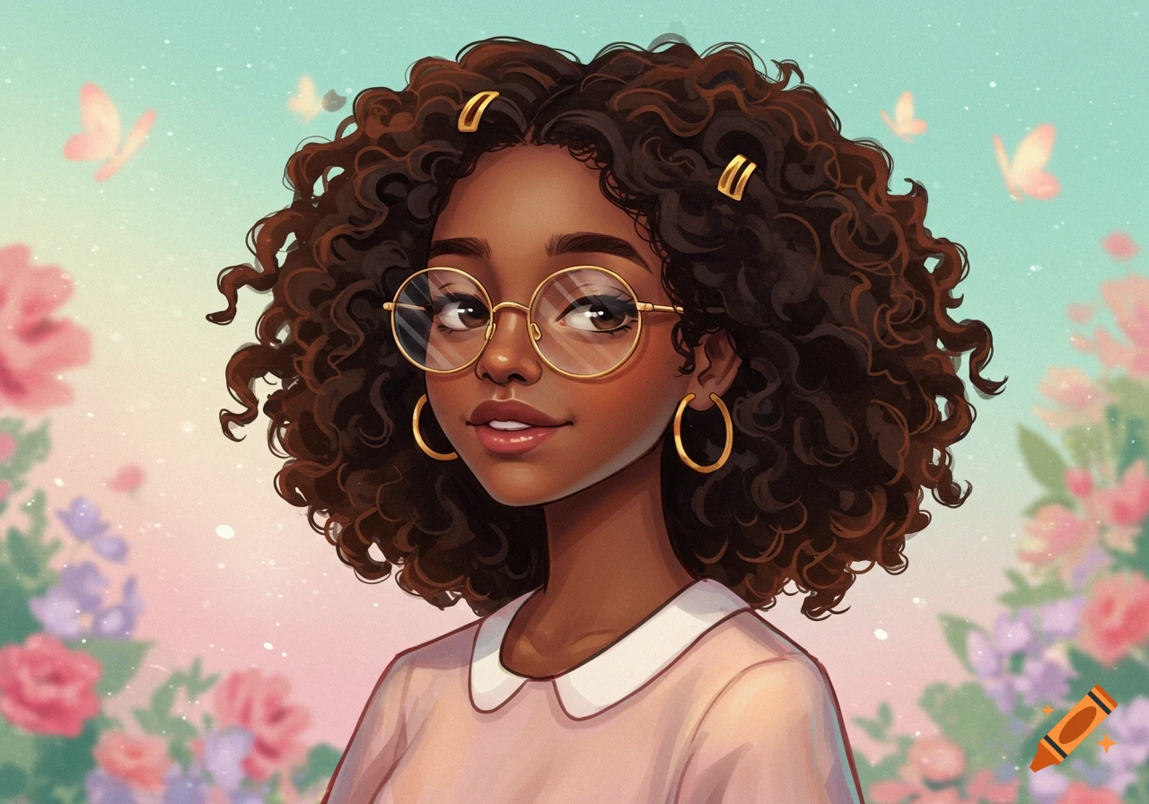 A dark-skinned woman with white curly hair and purple eyes wears a pink hanfu in a cherry ...