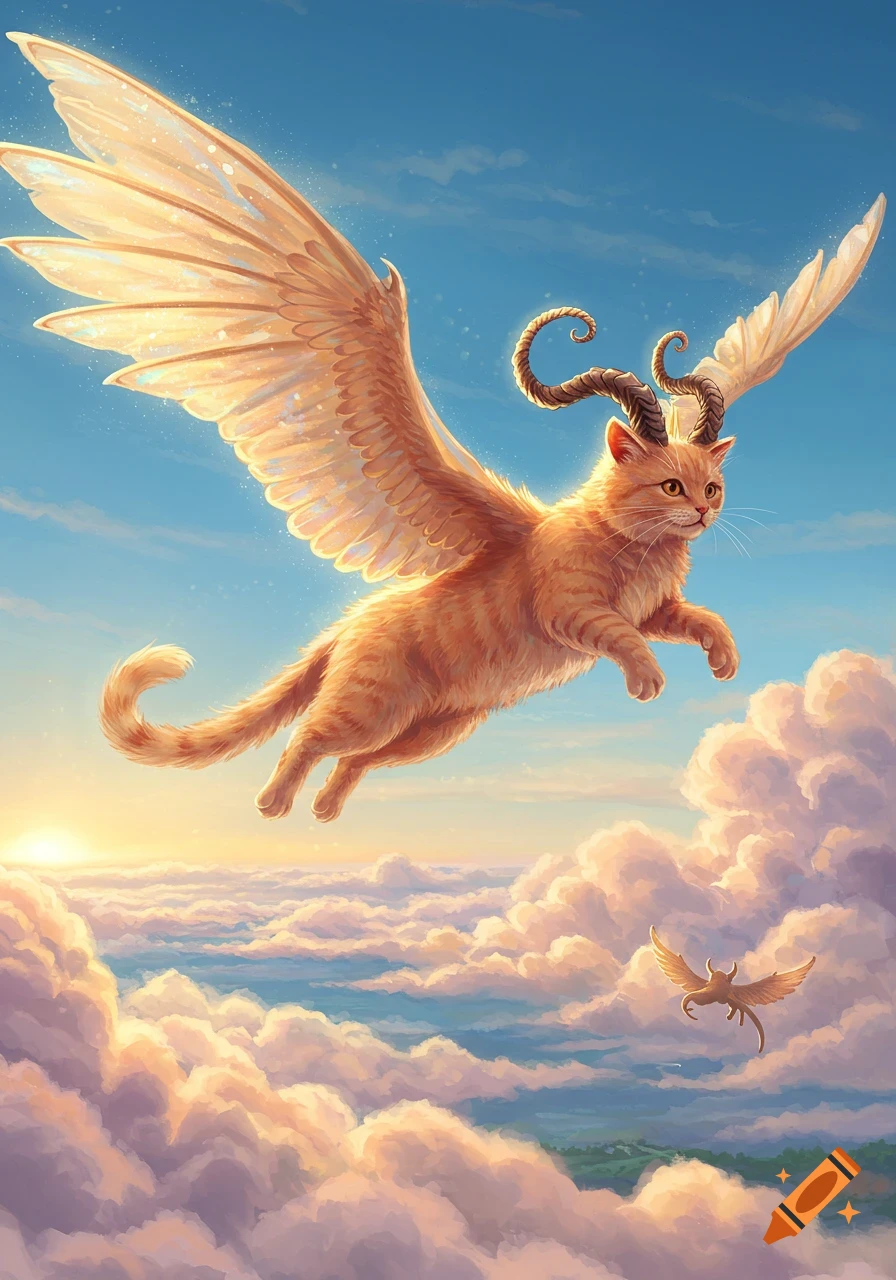 An orange cat with large feathered wings and horns flies through a ...