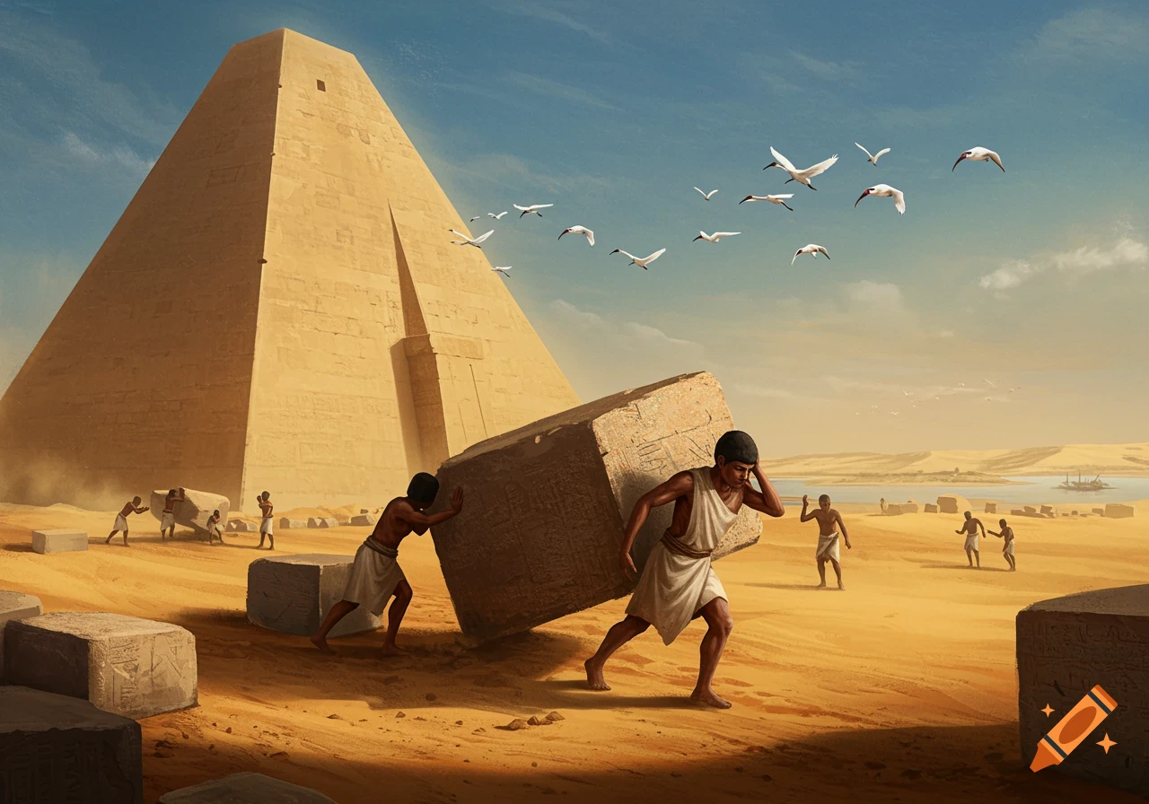 Ancient Egyptian archers in red and gold tunics fire arrows into a ...