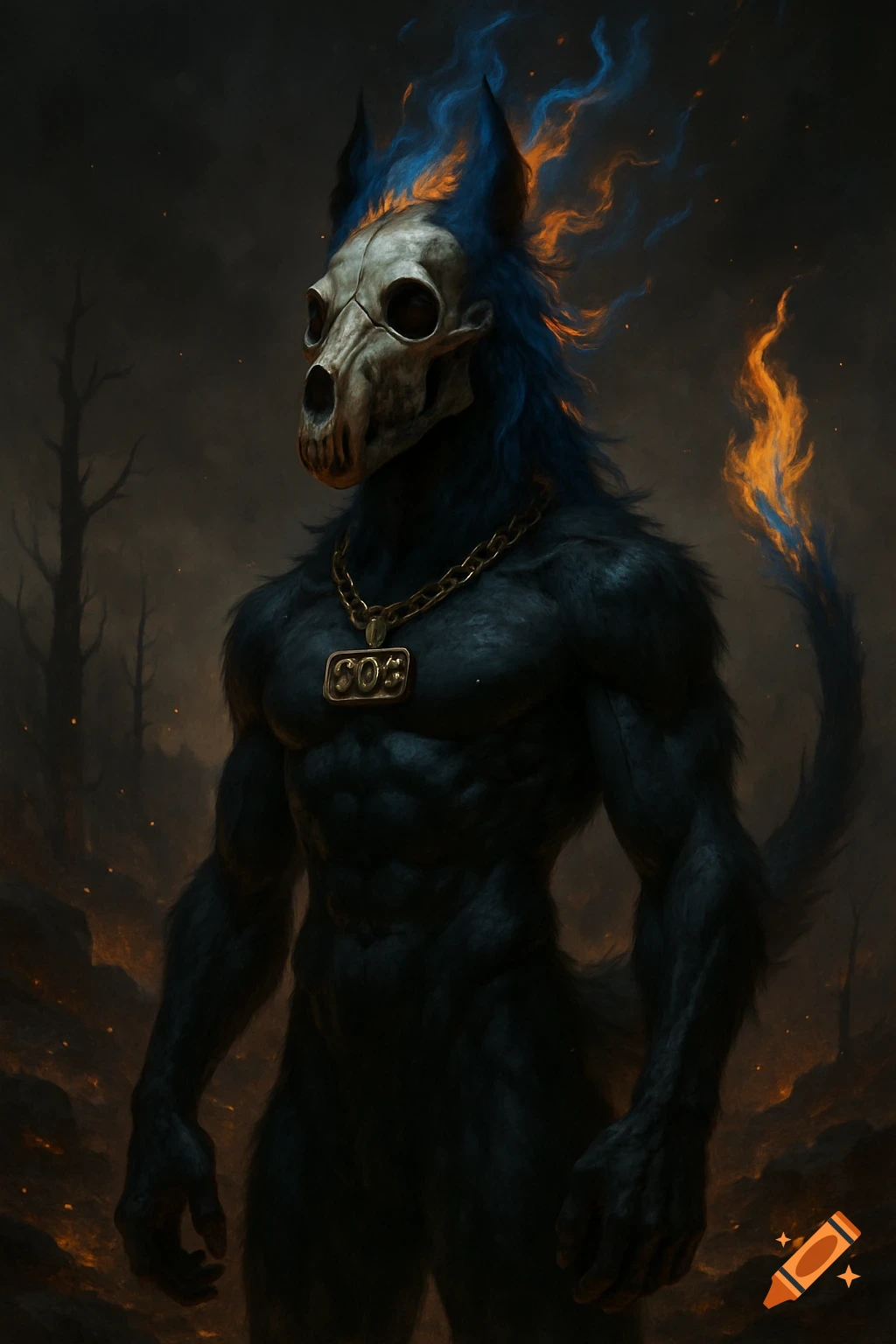 A dark fantasy image of an anthropomorphic hell hound with a dog skull face, blue flaming hair ...