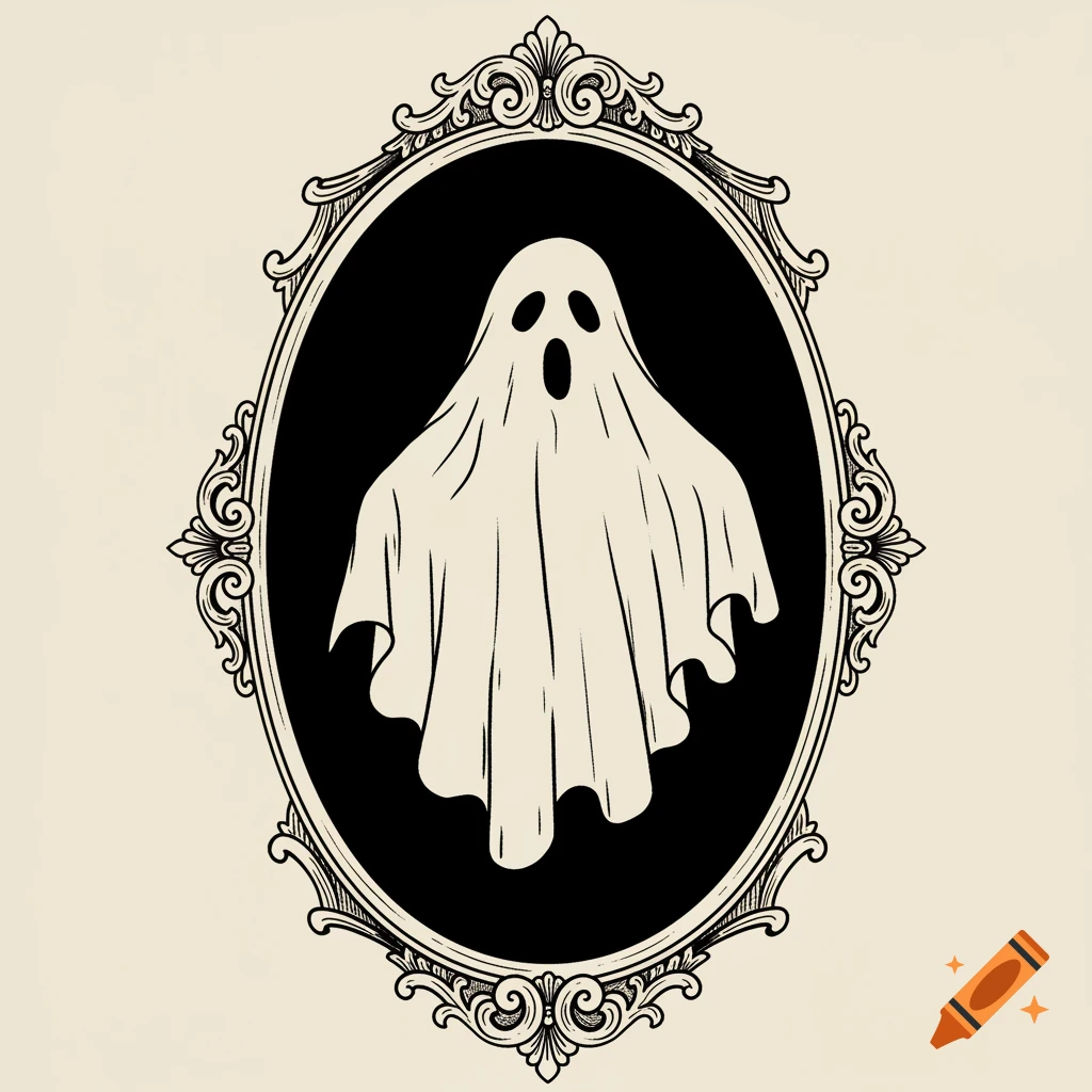 Black and white linocut illustration of a floating ghost figure wearing ...