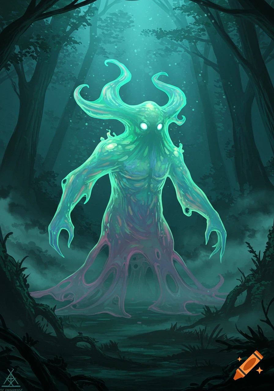 A terrifying, spiky, dark green monster with glowing eyes and sharp teeth stands in a dark ...