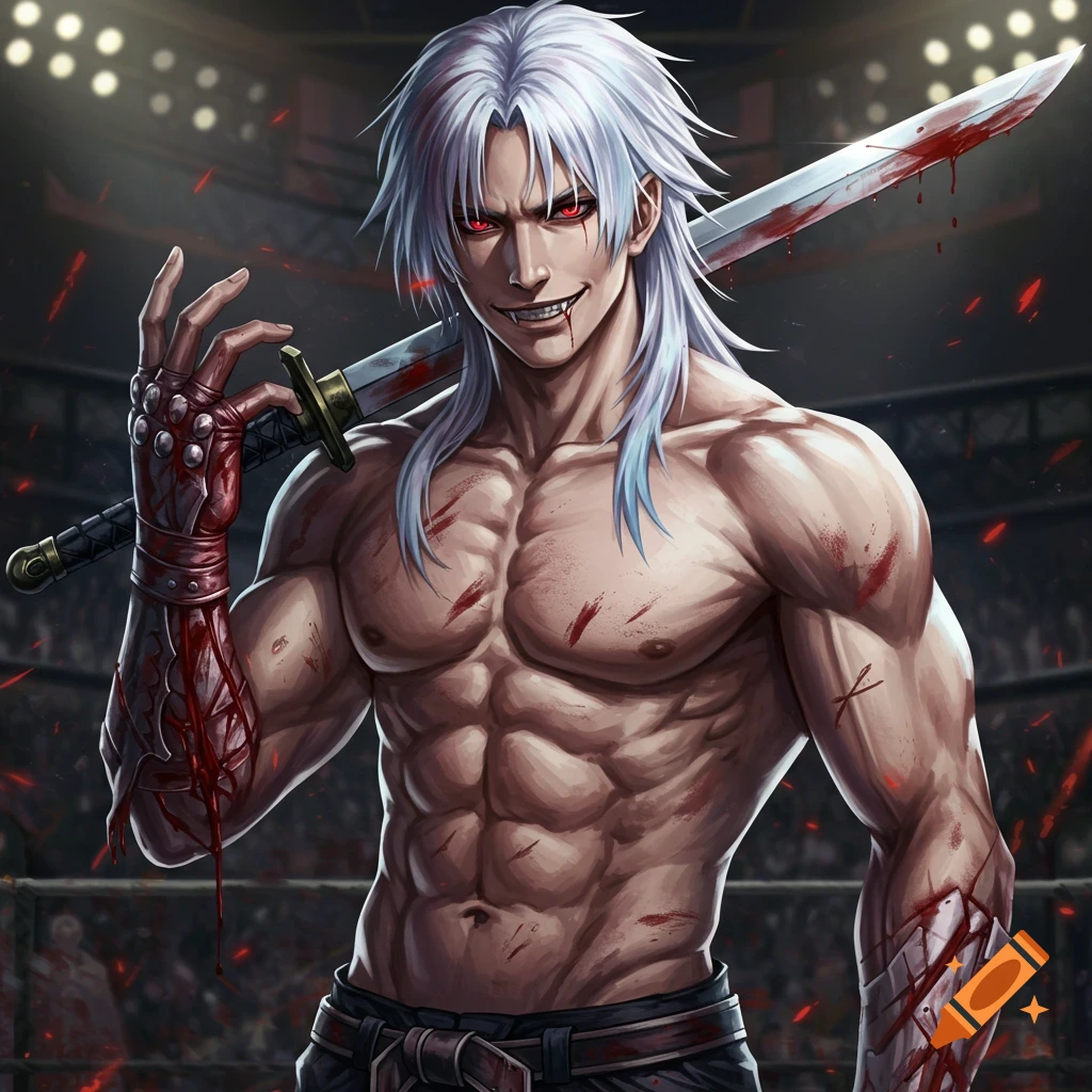 Anime-style drawing of a muscular male character with white hair and ...
