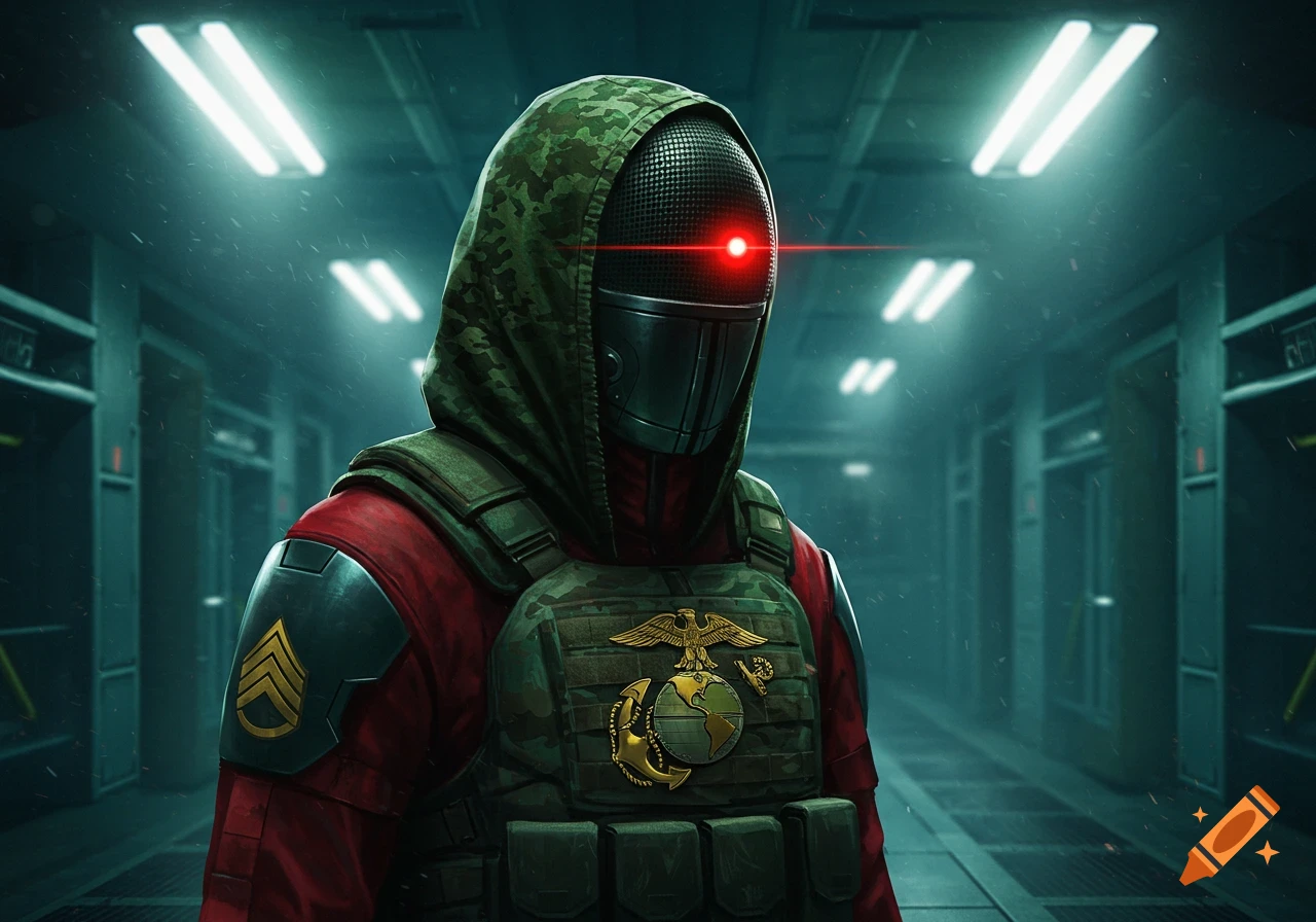 Angry soldier sitting with mask and holding weapons on Craiyon