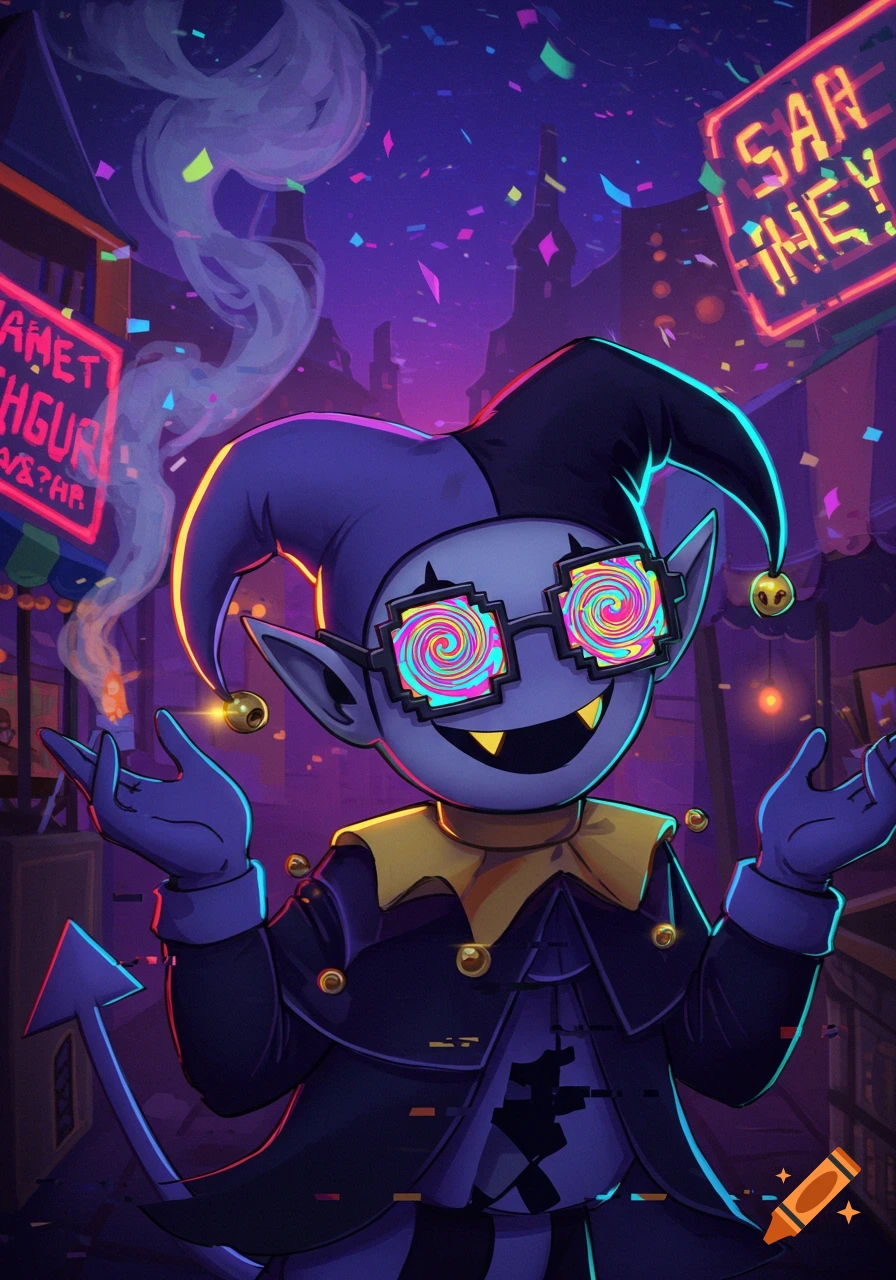 A stylized character with a jester hat and spiral glasses stands in a ...