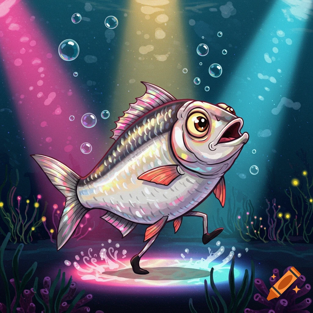 A colorful cartoon cat-like creature with a pink and blue fish body ...