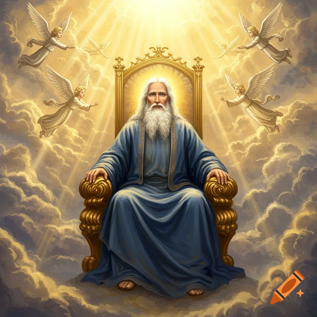 God the Father with a long white beard sits on a golden throne amidst ...