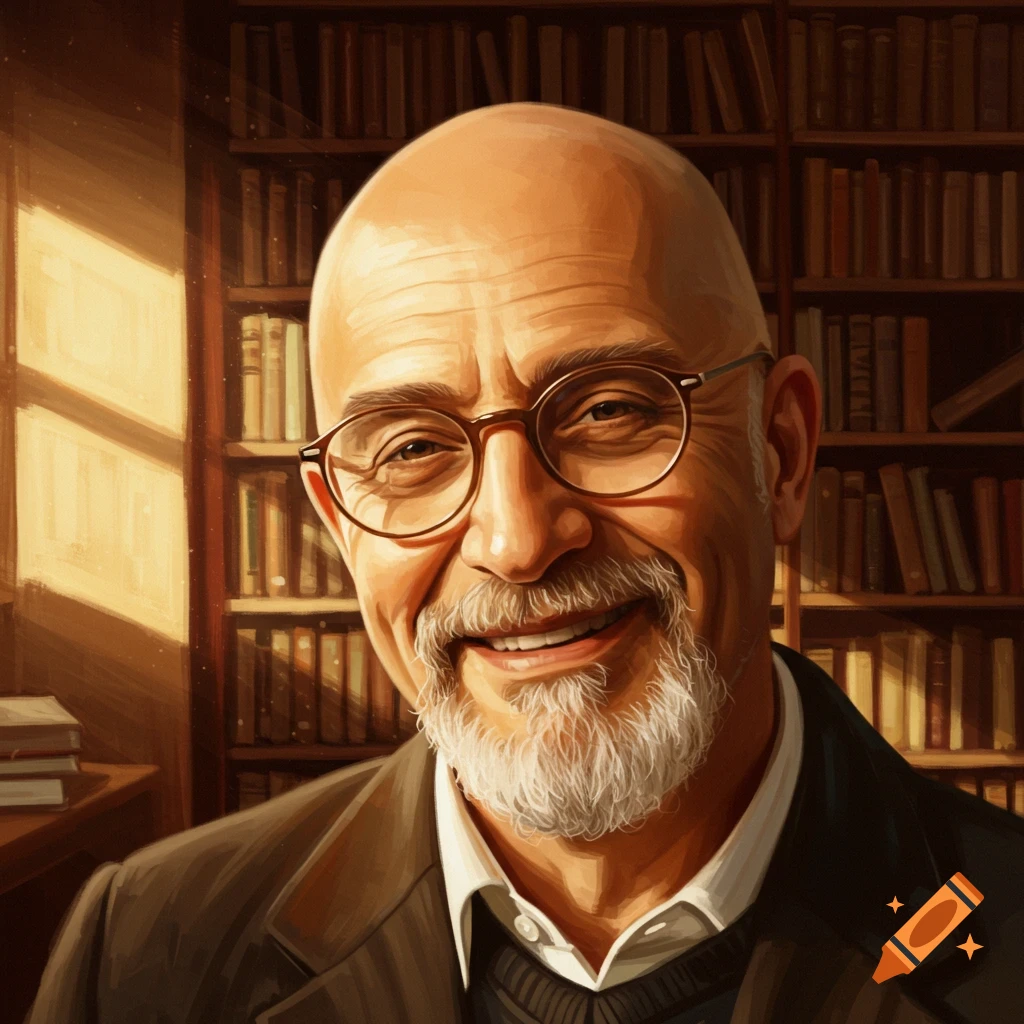 A smiling bald man with a yellow-toned head wearing glasses and a suit ...