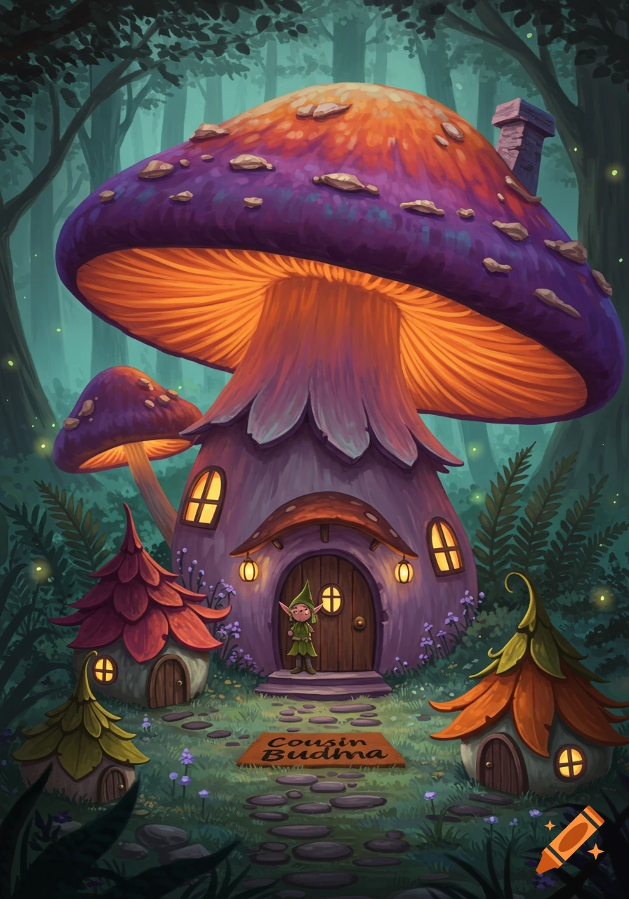 A whimsical, vibrant mushroom house with glowing windows in a magical ...