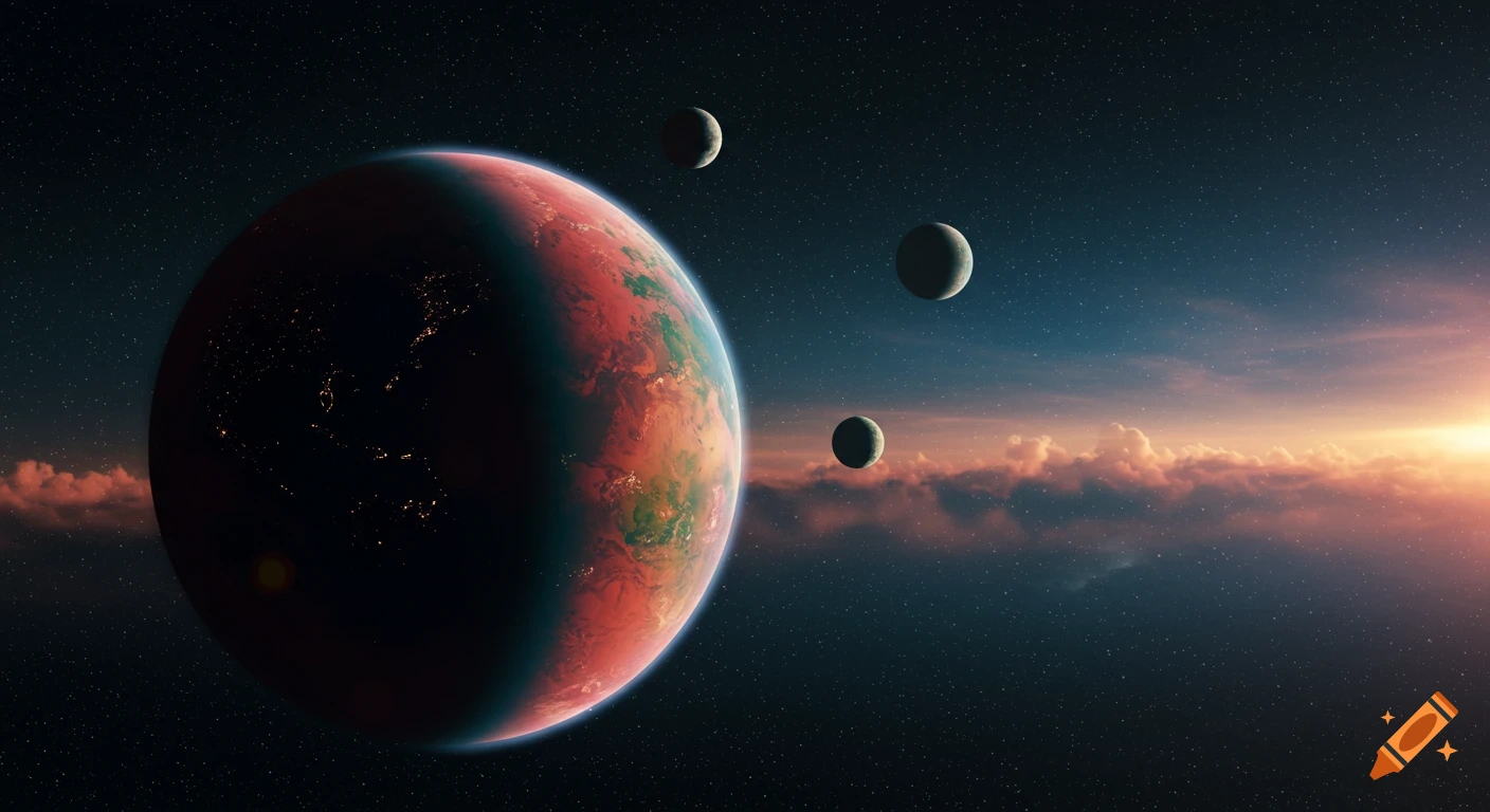 A striking, surreal landscape featuring a massive red moon over dark ...