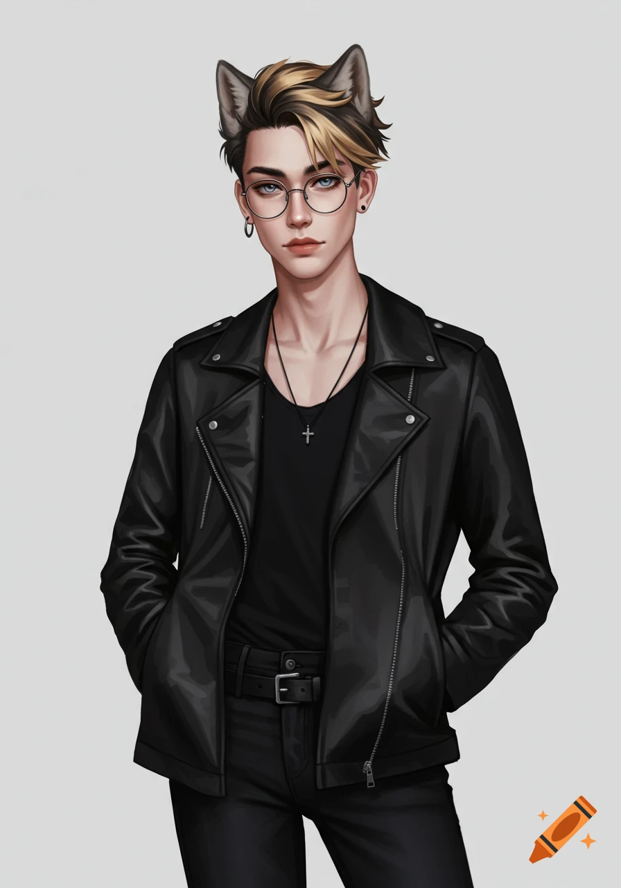Digital art of a male character with cat ears, blonde highlights ...