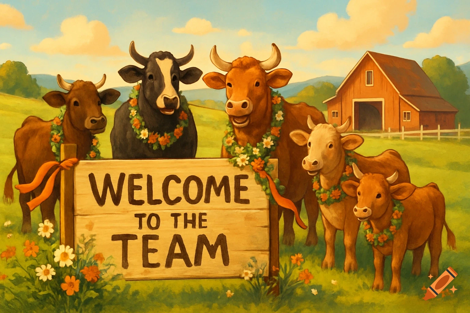 Illustration of five cows wearing flower leis standing in front of a ...