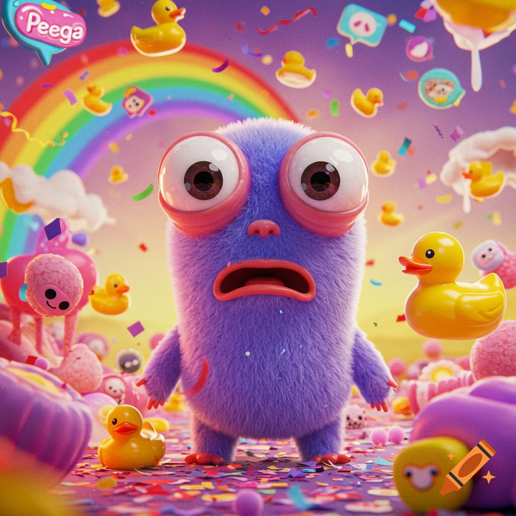 A fluffy yellow cartoon plush doll with a red nose, pointy ears, red ...