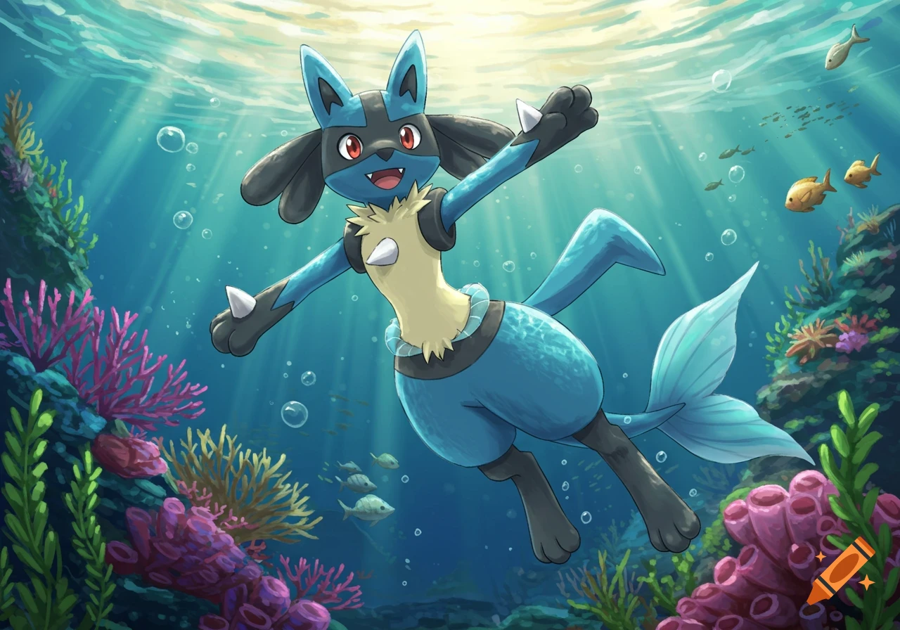 Lucario mermaid with a blue scaled tail swims underwater among coral ...