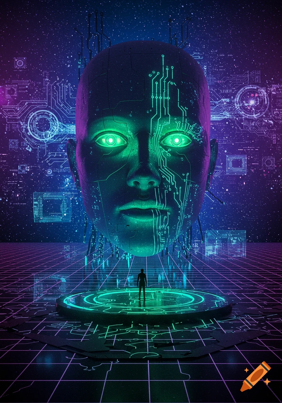 A colossal, glowing AI face made of circuits looms over a tiny human ...