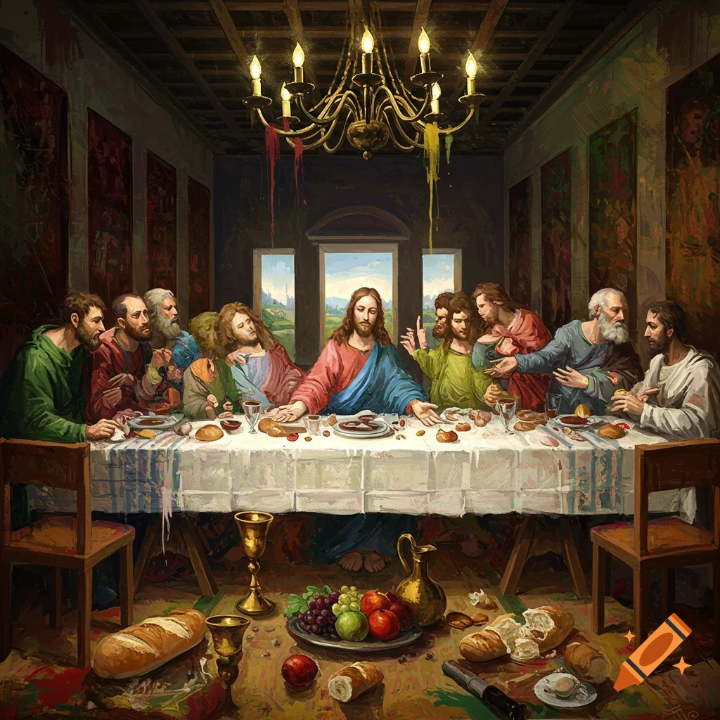 Abstract watercolor painting of the Last Supper with 13 figures seated ...