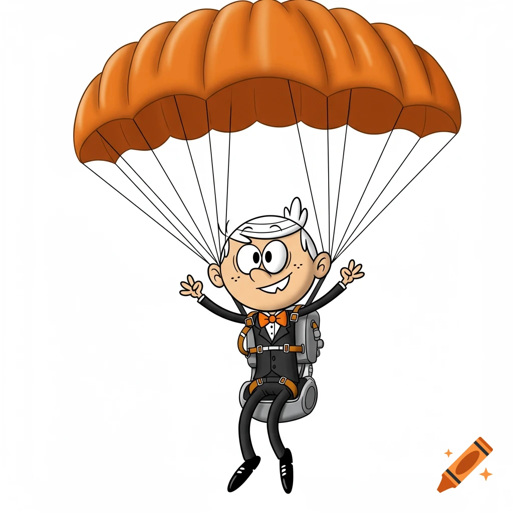 Cartoon boy Lincoln Loud in a tuxedo and orange parachute, smiling on a ...
