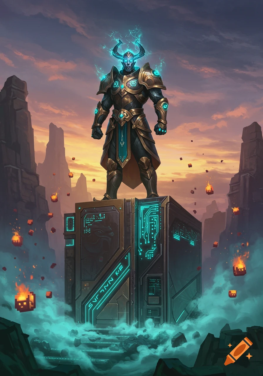 An ornate steampunk magic staff stands tall in a dimly lit, brick ...