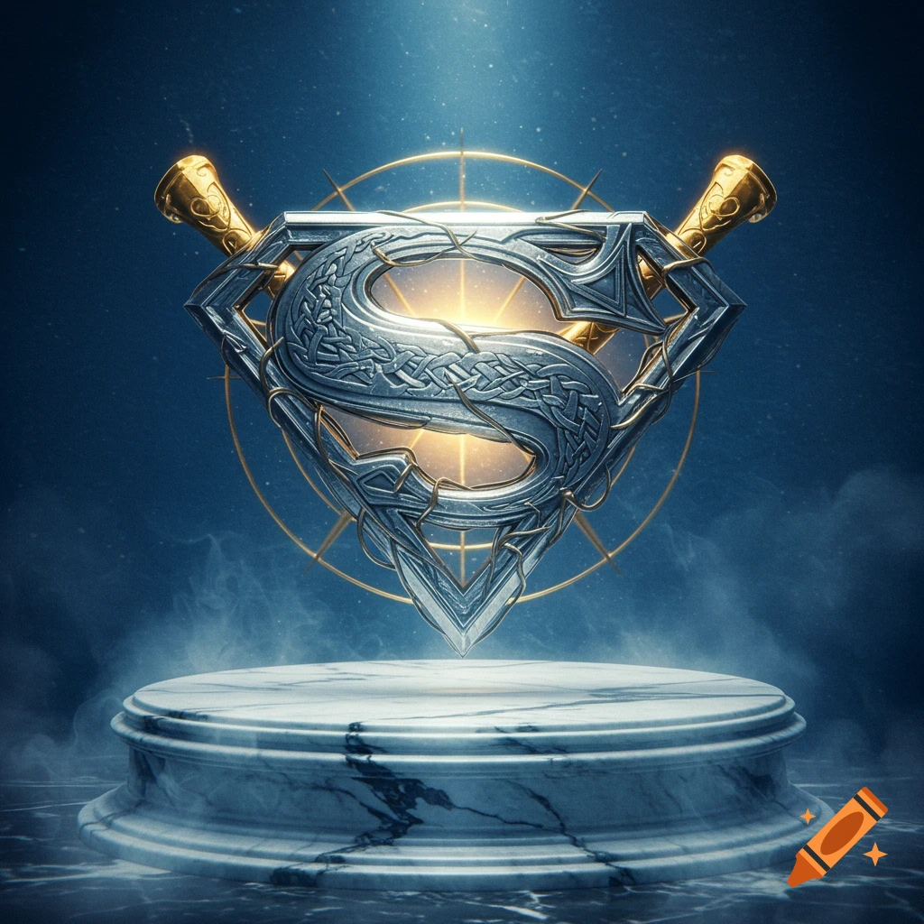 A dark, ornate medieval shield with a glowing golden, stylized 'P' or ...