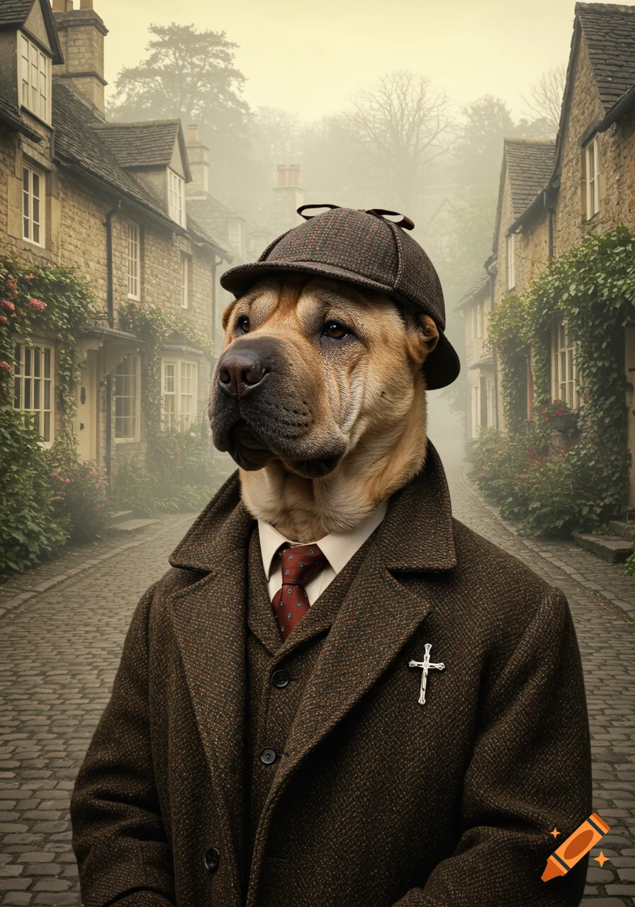 A photorealistic image of a Shar Pei dog dressed as a Sherlock Holmes ...