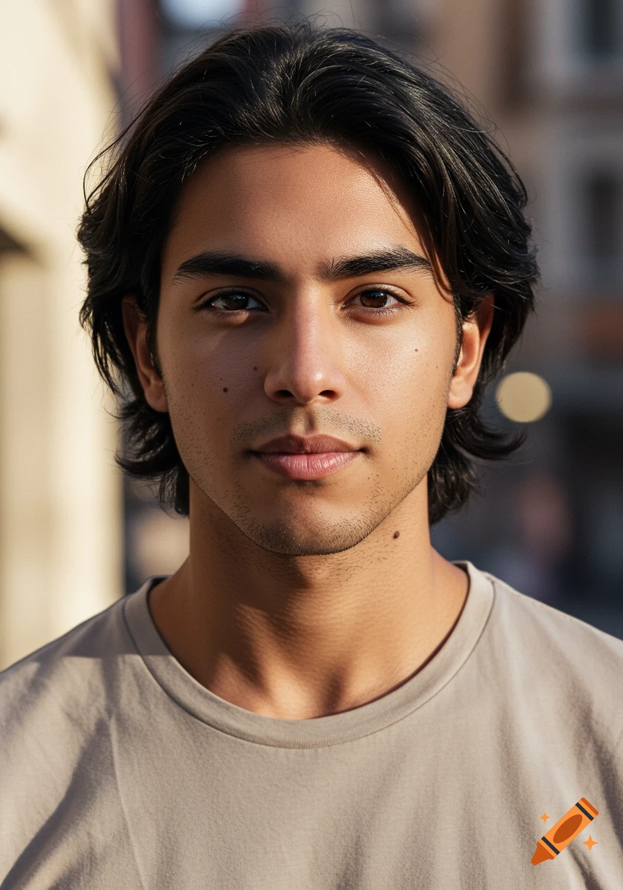 A photorealistic close-up portrait of a young man with dark hair, dark ...