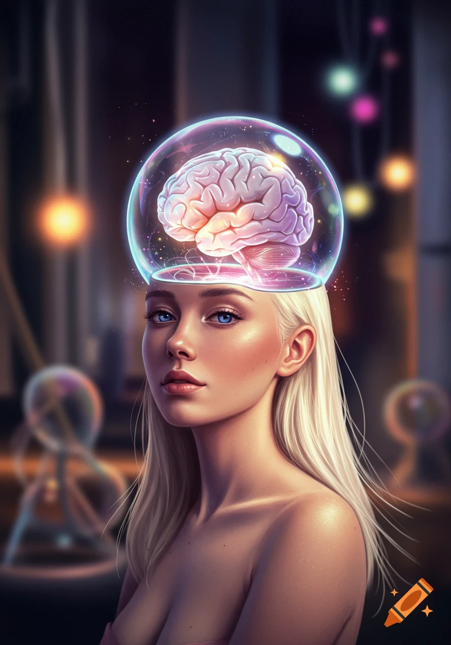 A surreal portrait of a woman with a glowing brain encased in a glass ...