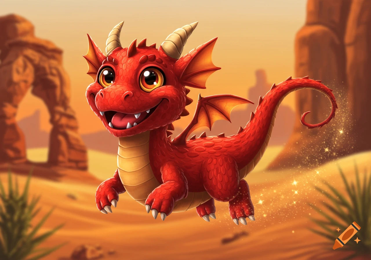 A cute, smiling, red cartoon baby dragon with small wings hovers in a ...