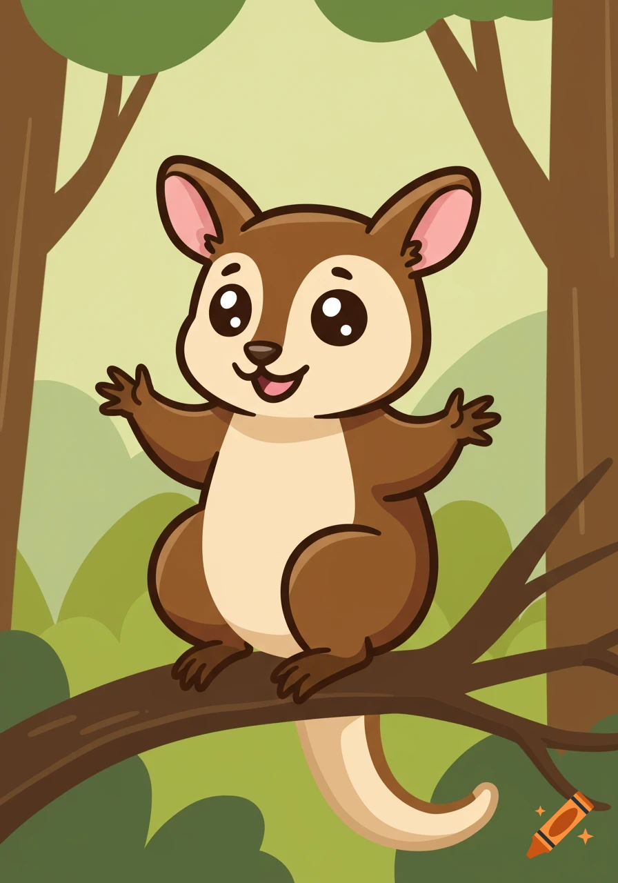 A cute 2D cartoon Lumholtz's tree-kangaroo mascot smiles on a tree ...